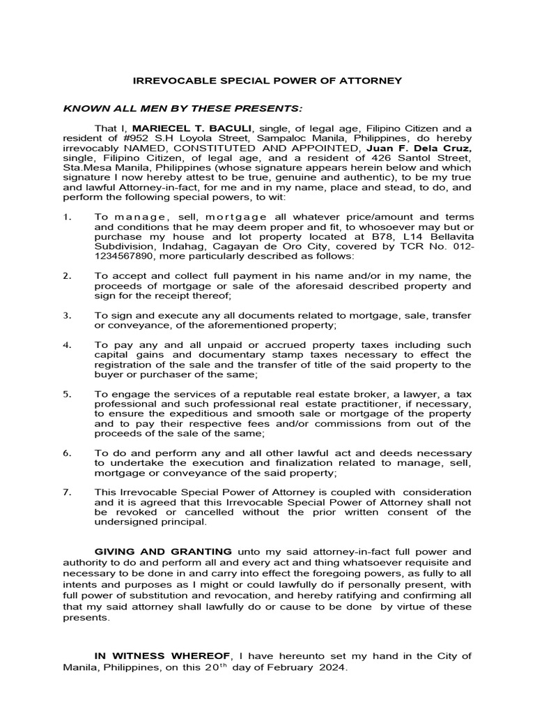Irrevocable Spa of CG Po3 Baculi | PDF | Power Of Attorney | Mortgage Law