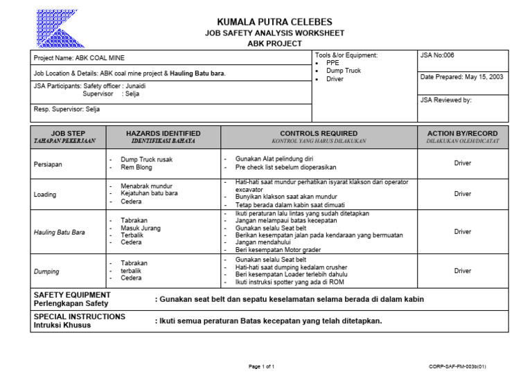 JSA No 006 Hauling Batu Bara KPC | PDF