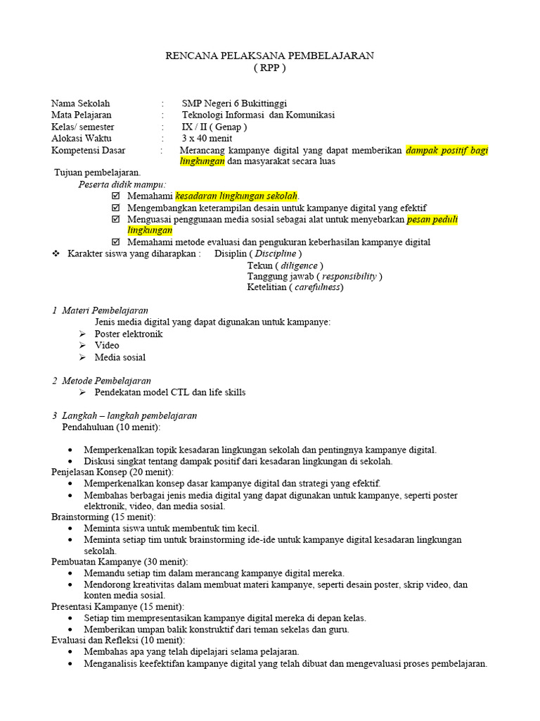 RPP Tik (Kelas 9) | PDF