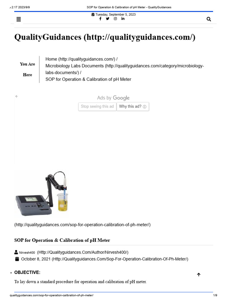 SOP For Operation & Calibration of PH Meter - QualityGuidances | PDF | Ph | Analytical Chemistry