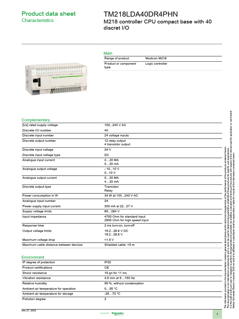 TM218LDA40DR4PHN Document | PDF | Input/Output | Power Supply