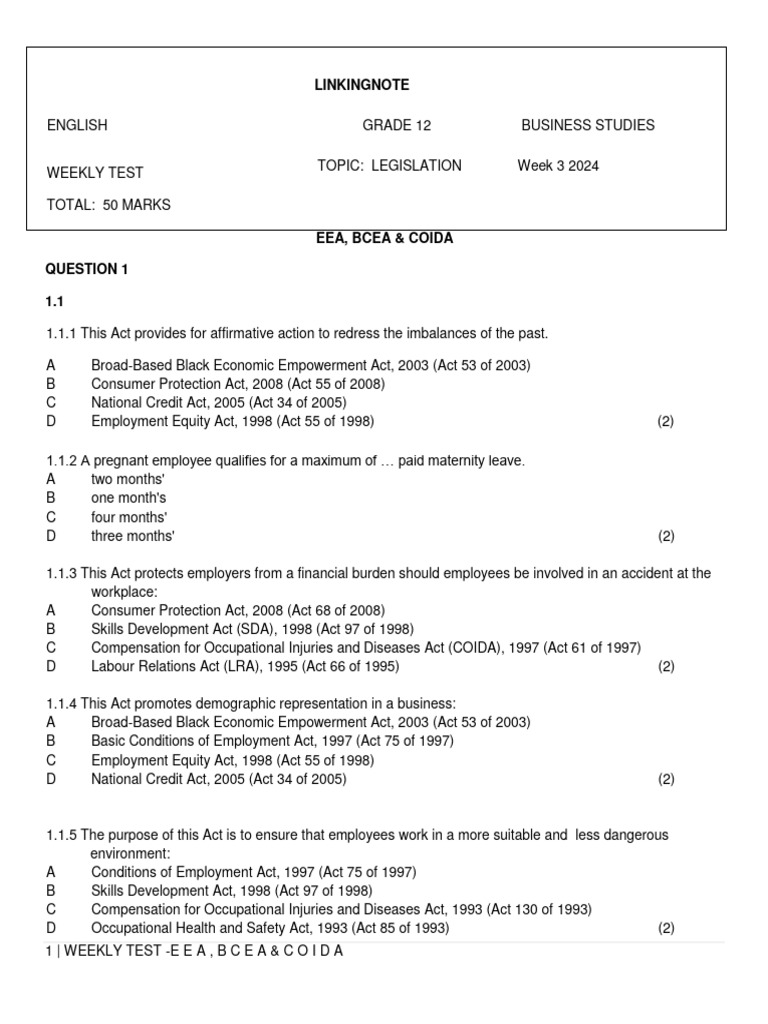 Grade 12 Test on EEA, BCEA & COIDA | PDF | Employment | Occupational ...