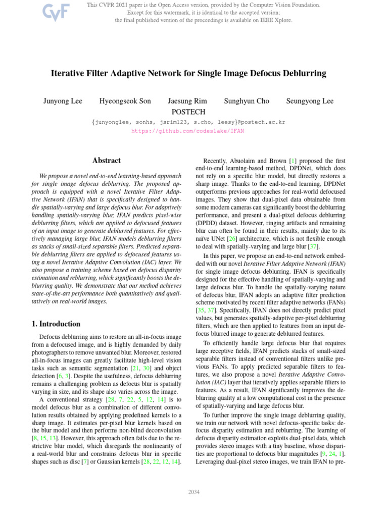 Lee Iterative Filter Adaptive Network For Single Image Defocus Deblurring CVPR 2021 Paper | PDF ...