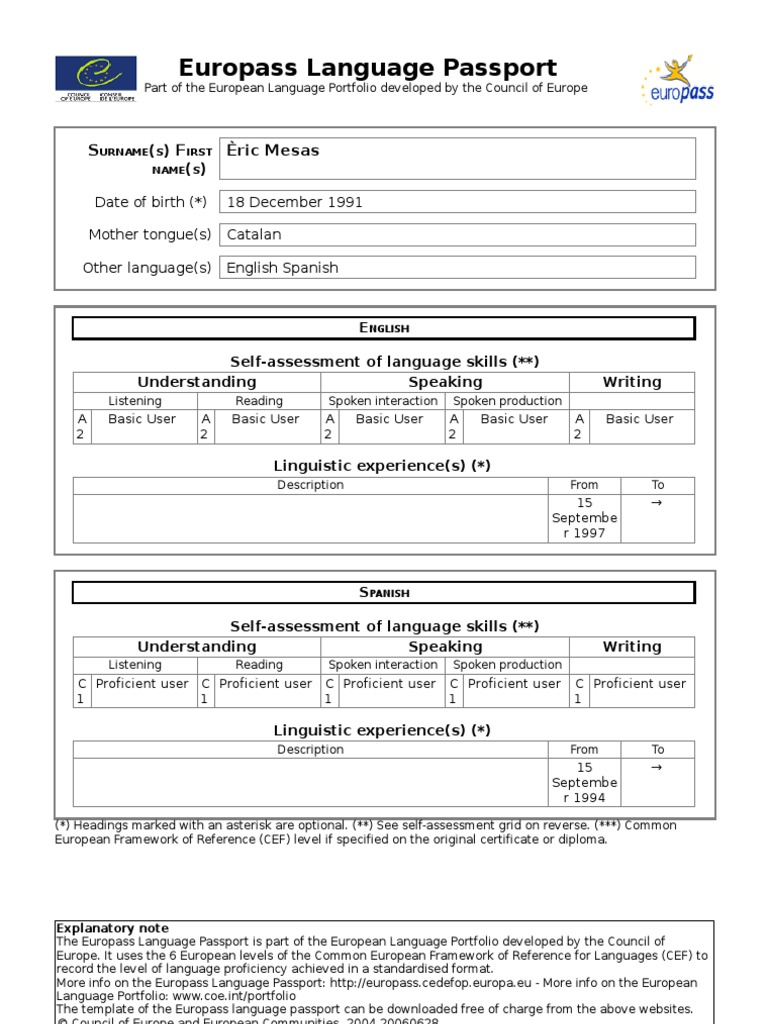 Europass Language Passport | PDF | Conversation | Essays