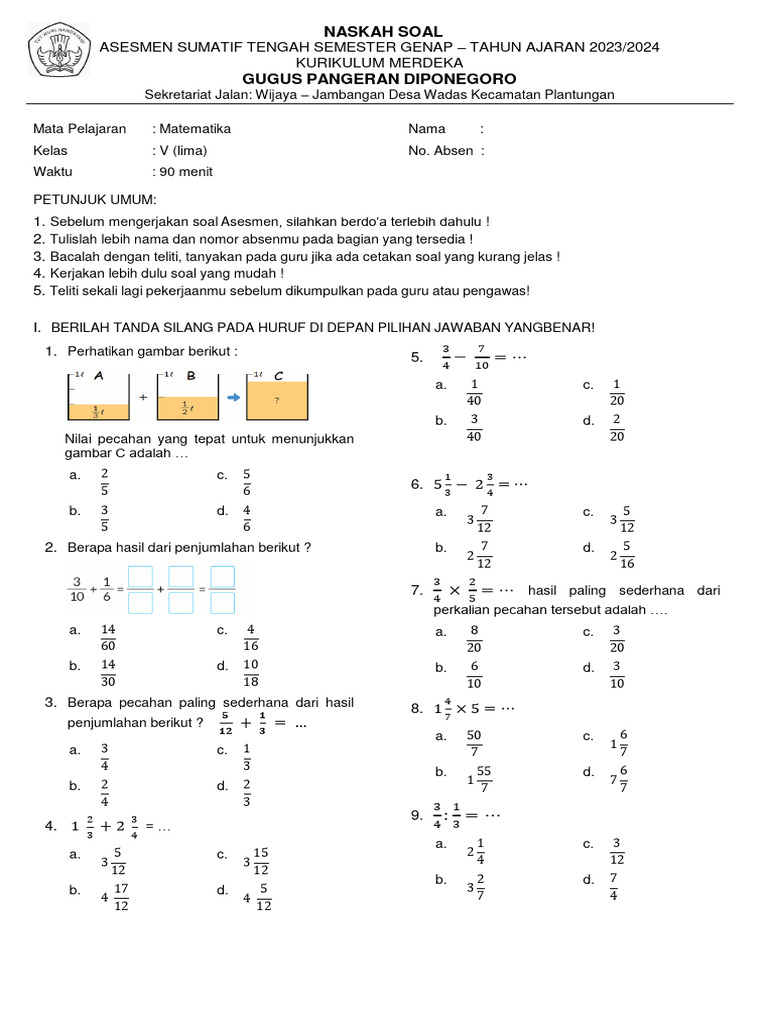 Soal Matematika - Kelas 5 - Asts 2024 | PDF