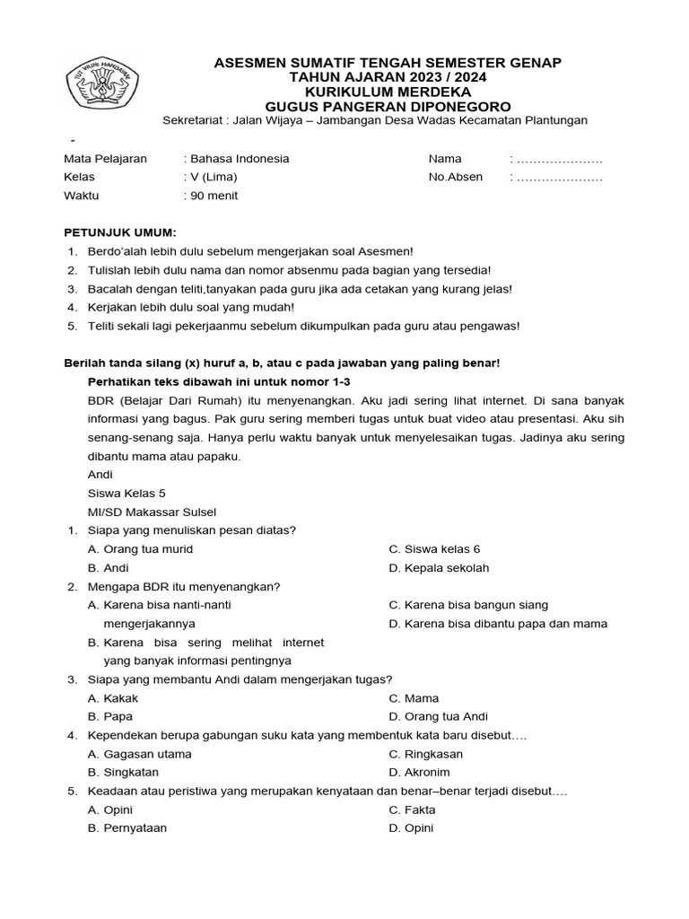BAHASA INDONESIA KELAS 5 Soal ASTS | PDF | Seni & Disiplin Bahasa