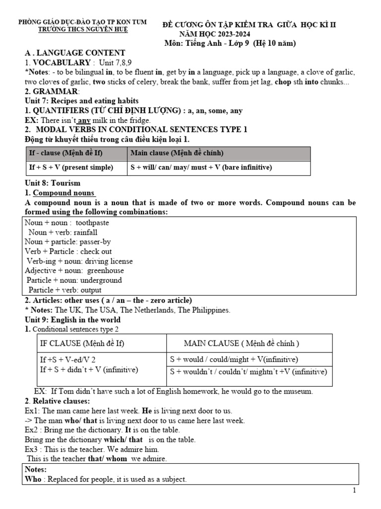 Đề Cương Ôn Tập Giữa Kì 2 E 9 -10 Nam NH 2023-2024- HUONG | PDF | English Language | Meal