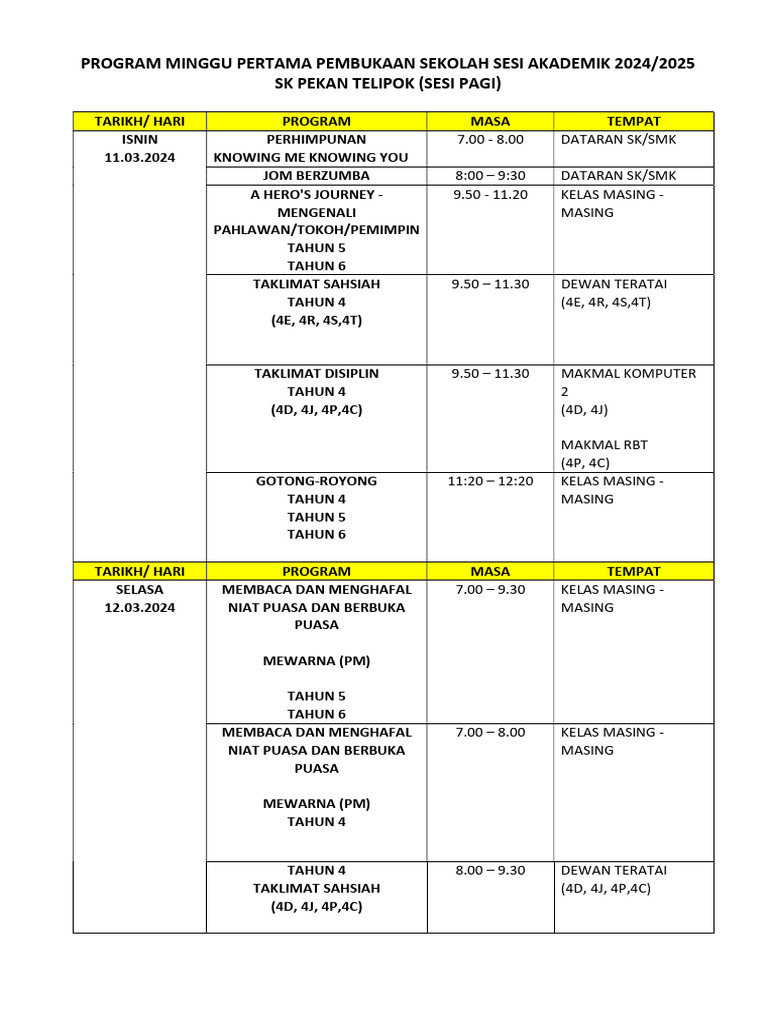 Program Minggu Pertama Persekolahan 2024 | PDF