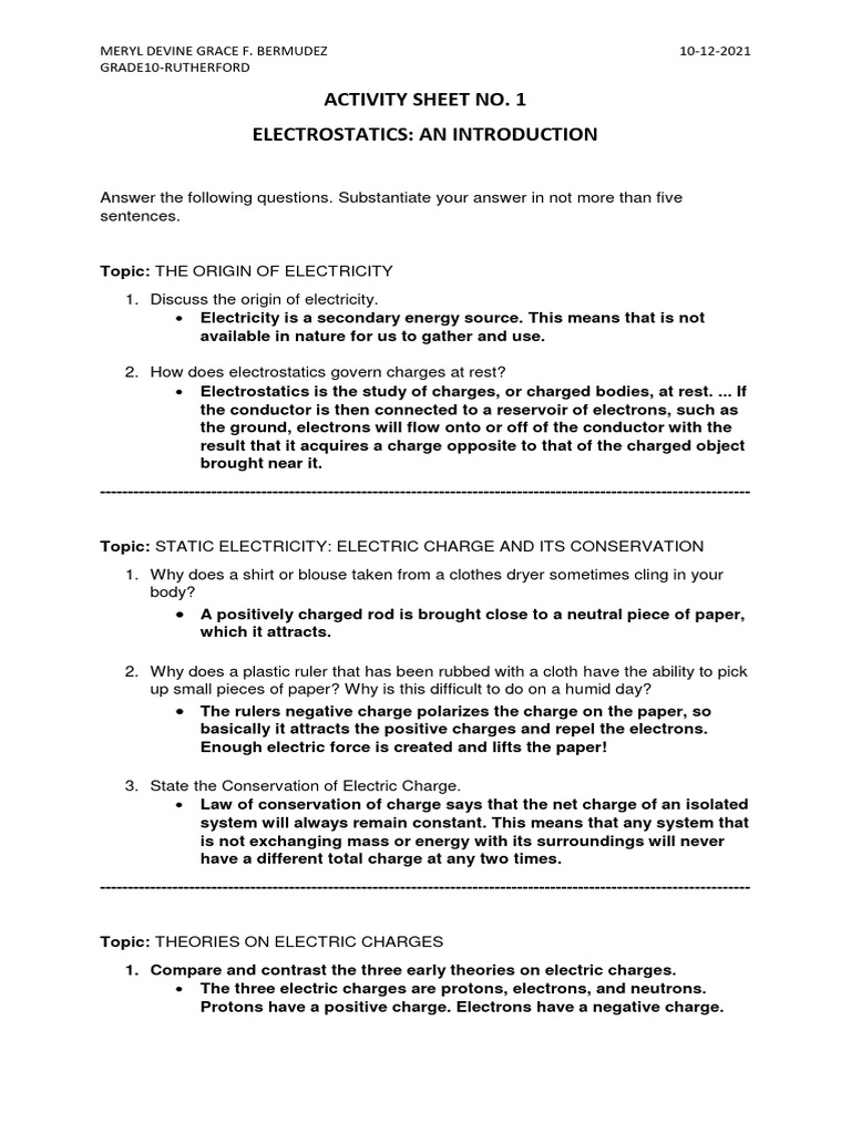 Activity Sheet No. 1 Electrostatics An Introduction | PDF | Electric Charge | Electron
