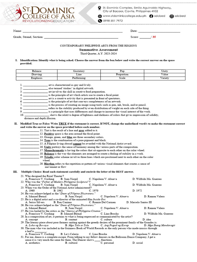 Cpar - 3RD Quarter - Summative Assessment - Ay 23 24 | PDF | Dances | Color
