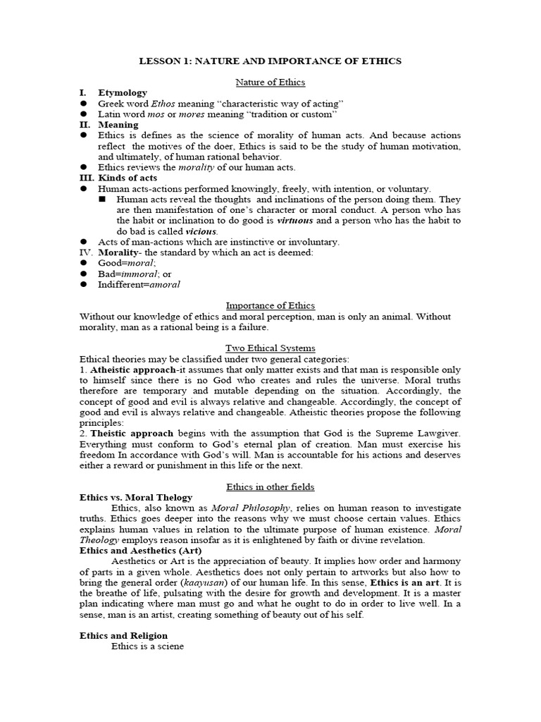 LESSON 1 Nature and Importance of Ethics (OUTLINE ONLY) | PDF ...
