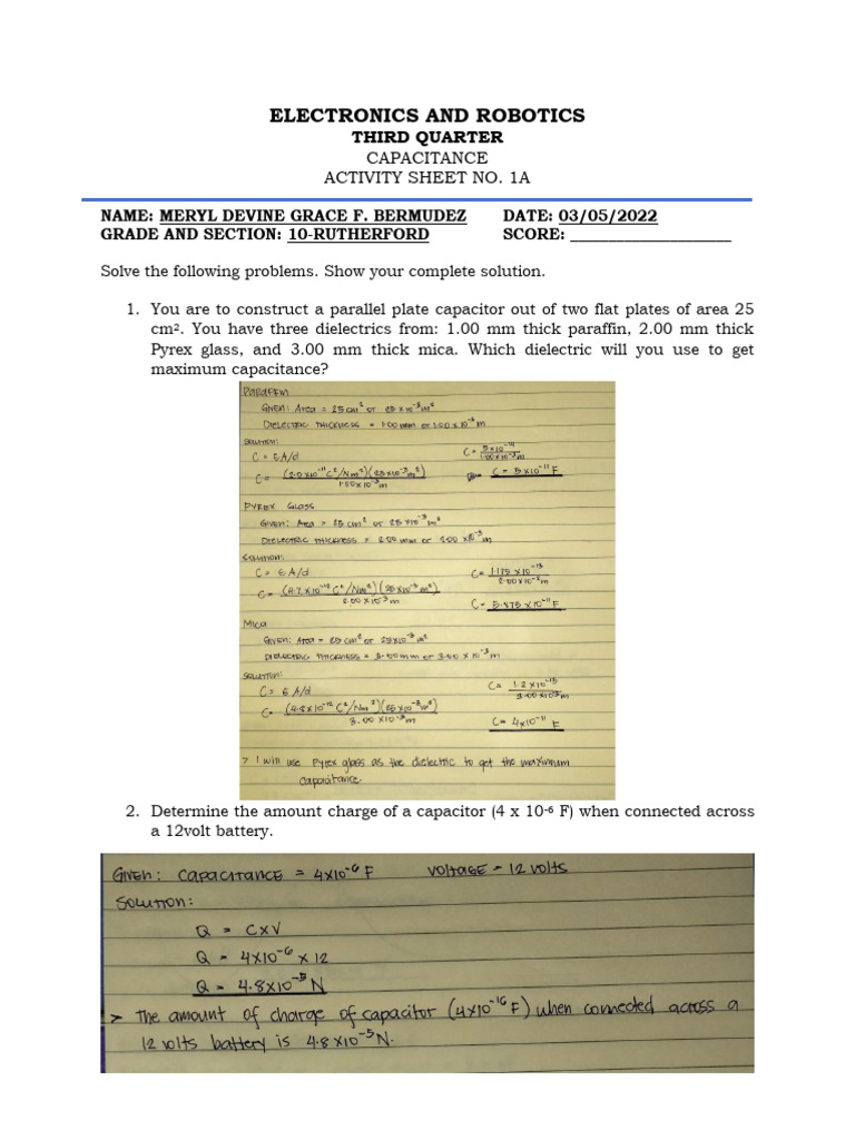 Capacitor Problems Activity Sheet | PDF | Teaching Methods & Materials