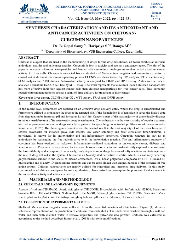 Synthesis Characterization and Its Antioxidant and Anticancer Activities On Chitosancurcumin ...