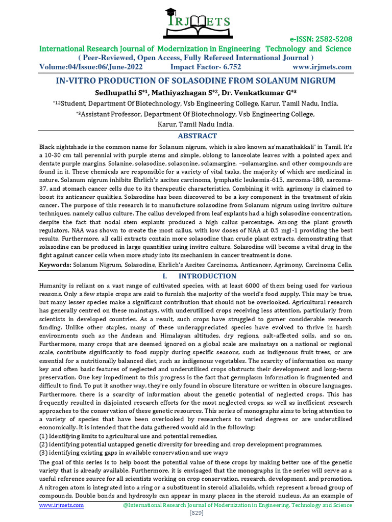 In-Vitro Production of Solasodine From Solanum Nigrum | PDF | Acid ...