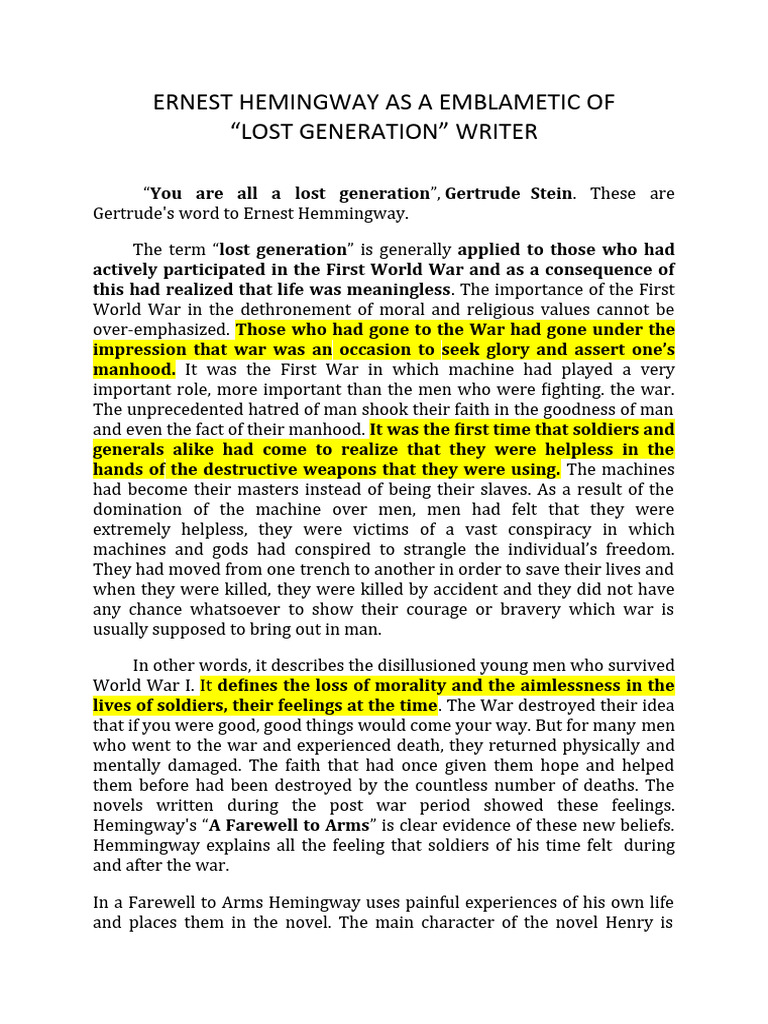 Ernest - Hemingway - As - A - Emblematic - of - Lost Generation | PDF ...
