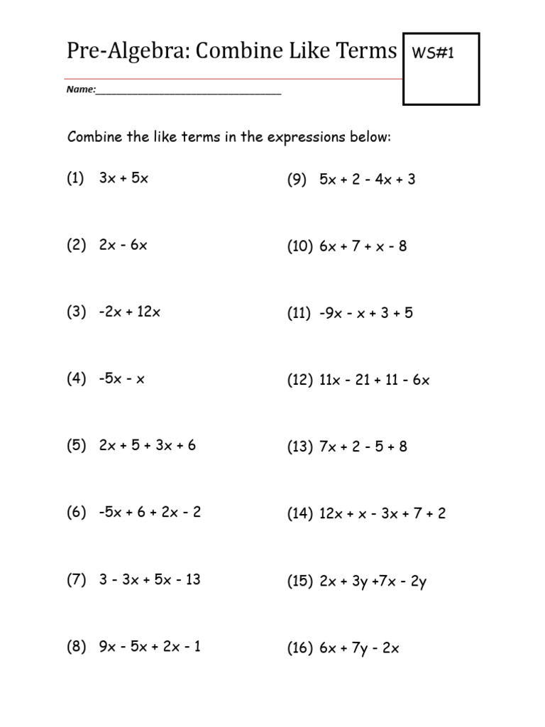 Pre Algebra Practice Worksheet Combine Like Terms | PDF