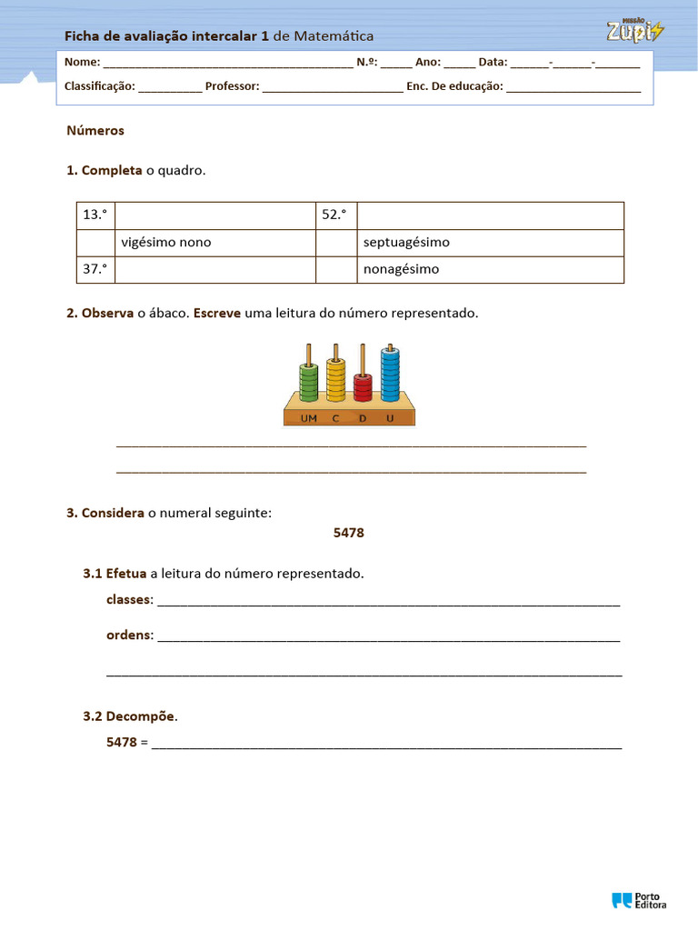 Ficha de Avaliação Intercalar 1 de Matemática (Editável) | PDF ...