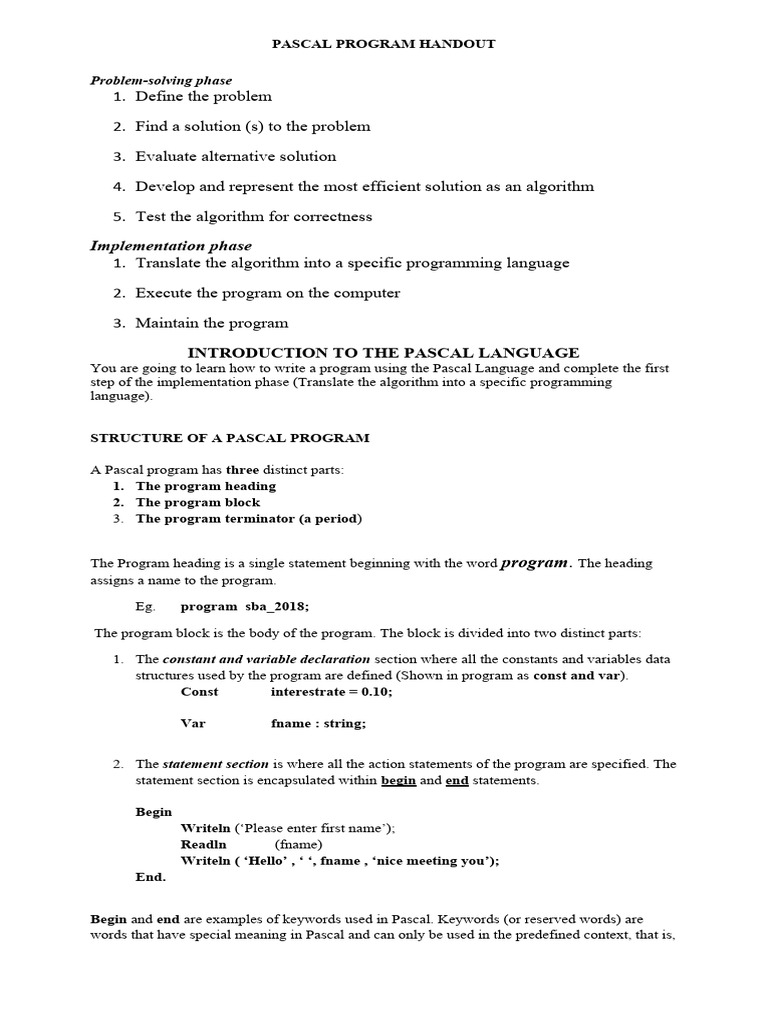 Lesson 10 INTRODUCTION TO THE PASCAL LANGUAGE Handout | PDF | Numbers | Reserved Word
