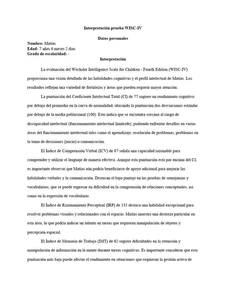 Interpretación Prueba WISC-IV | PDF | Cociente de inteligencia ...