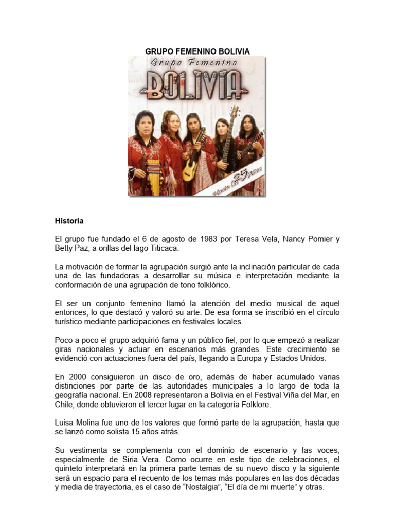Grupo Femenino Bolivia Pdf Bolivia Kit De Batería