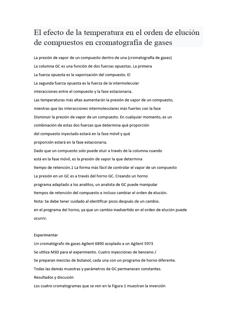Efecto de la temperatura en el orden de elución GC | PDF ...