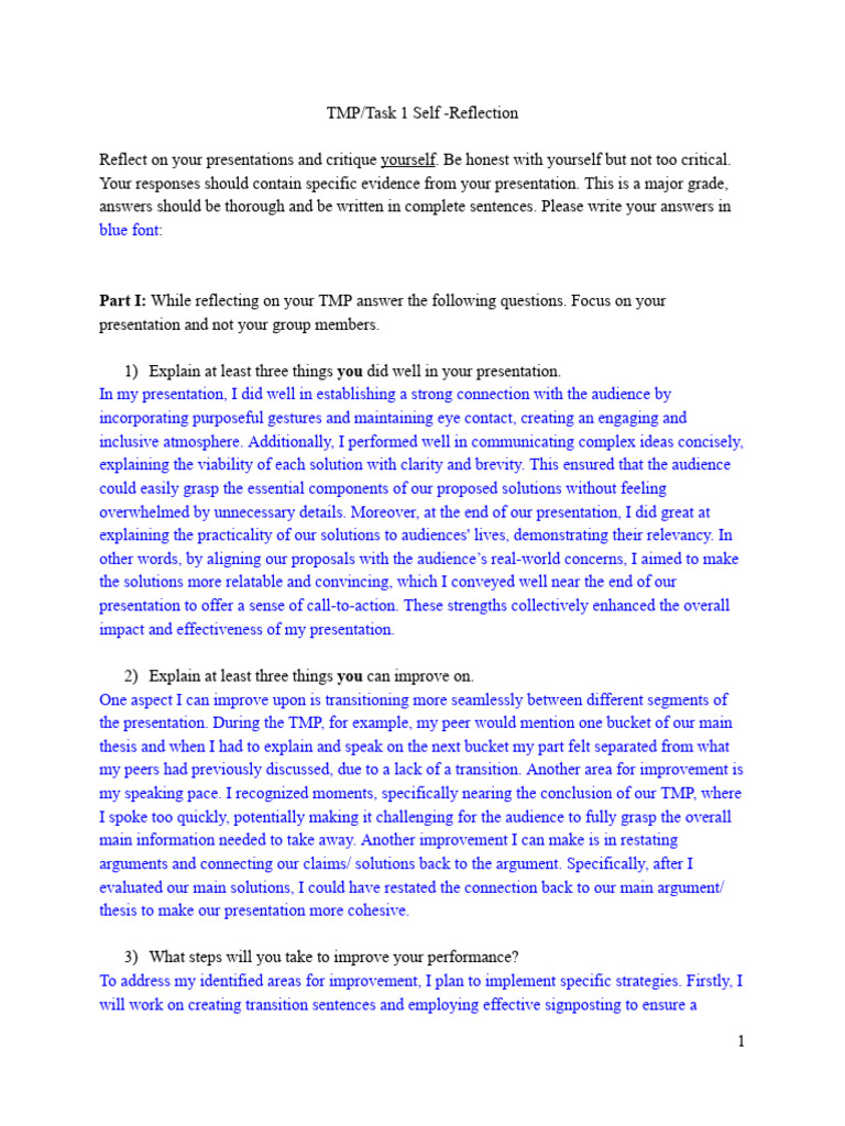 Task 1 Self Reflection | PDF | Rubric (Academic) | Cognition