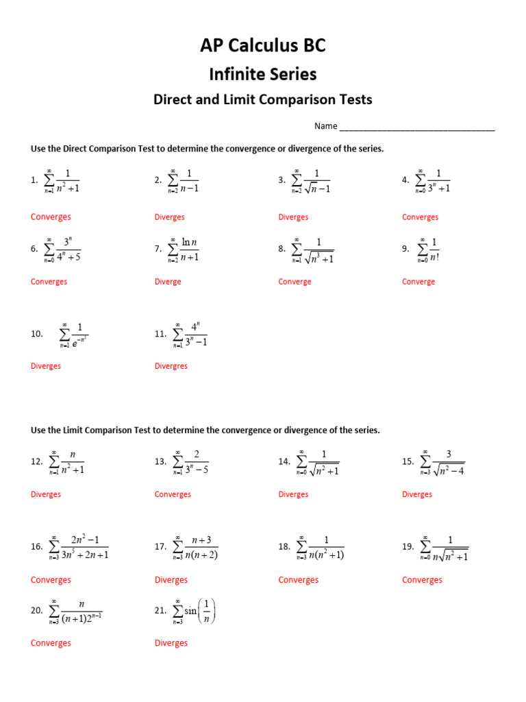 AP Calculus BC Direct and Limit Comparision Test WS Solutions Monday ...