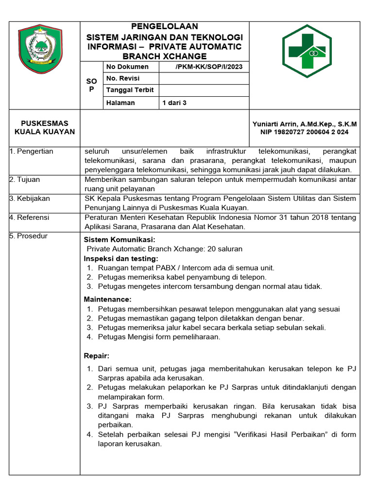 Master Sop Pabx PKM KK | PDF