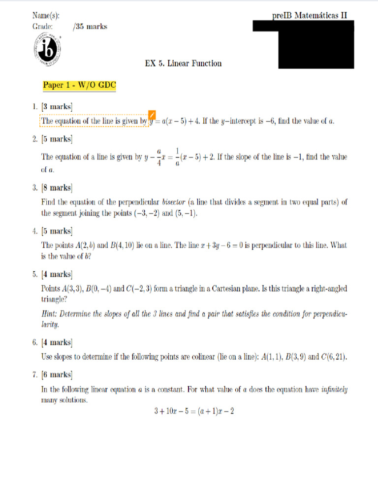 preIB Mat Exercices Linear Functions | PDF