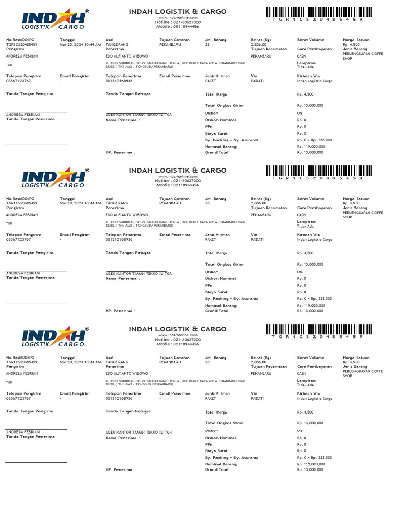 Resi Pengiriman Indah Cargo Terbaru | PDF