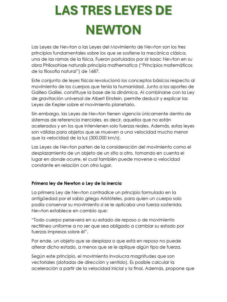 Resumen de las Tres Leyes de Newton | PDF | Las leyes del movimiento de ...