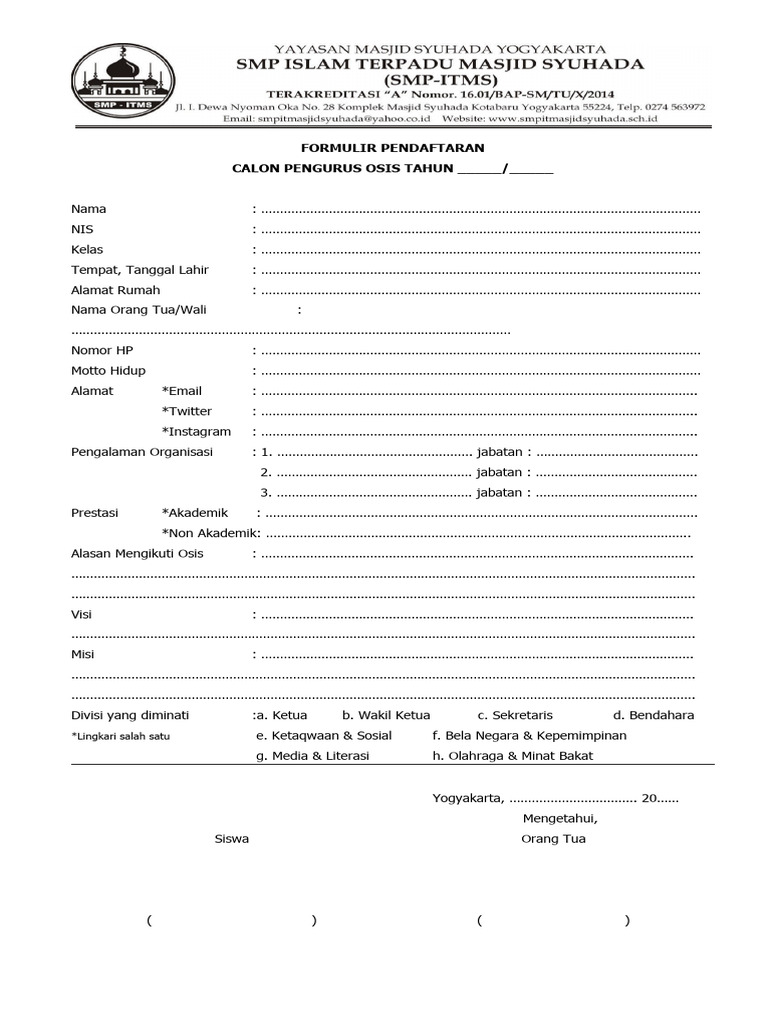Formulir Pendaftaran Osis SMPITMS 2023 2024 | PDF