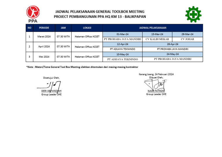 Jadwal General TBM Periode Maret - Mei 2024 | PDF