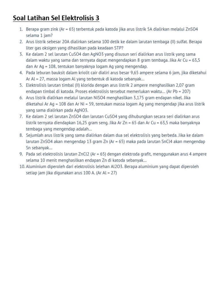 Soal Latihan Sel Elektrolisis 3 | PDF
