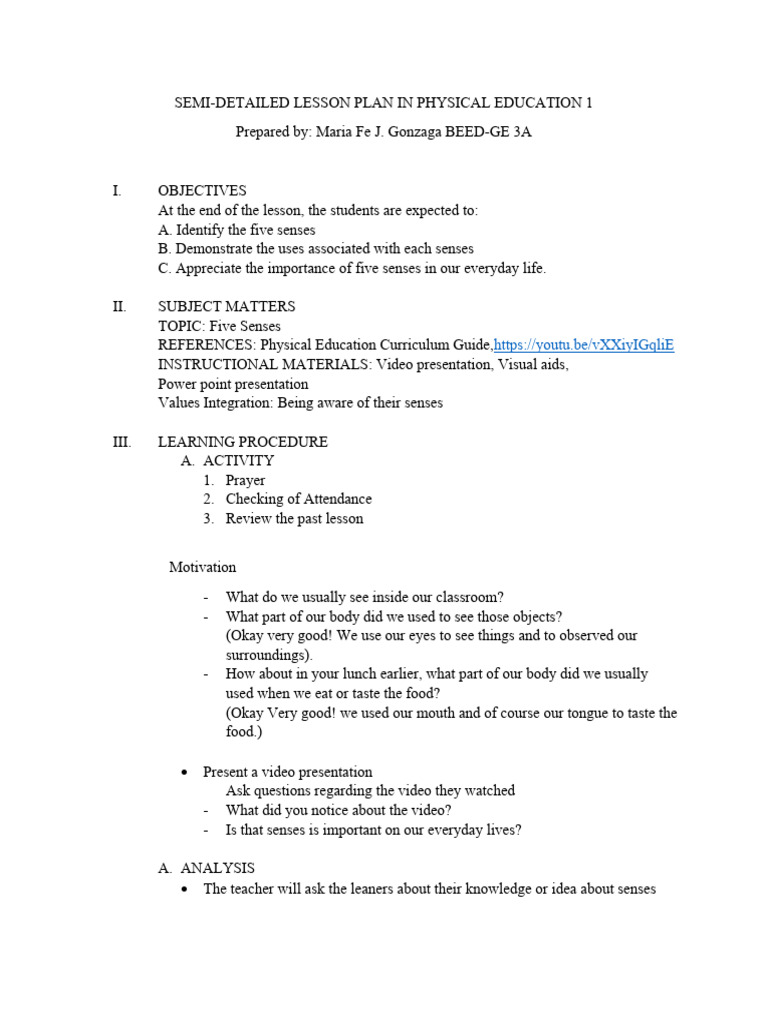 PE LESSON PLAN | PDF | Senses | Taste
