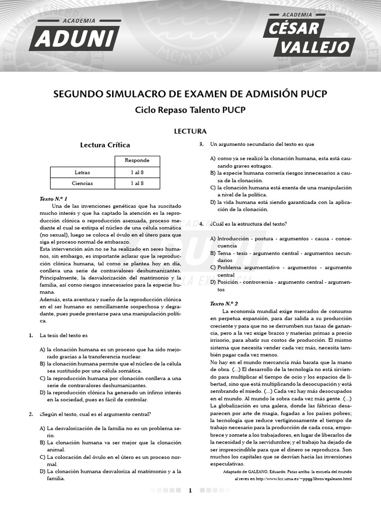 Simulacro Examen Admisión PUCP 2023 | PDF | Cupido | Programa Apolo