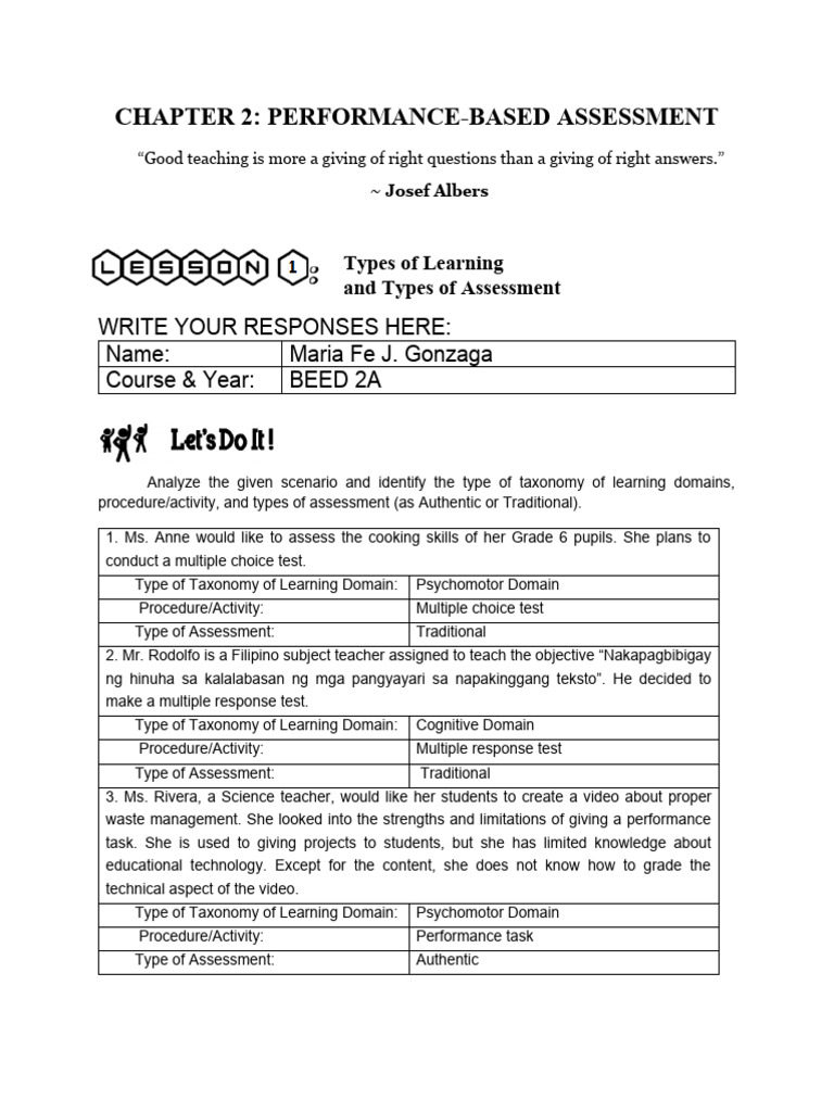 prof ed 8- CHAPTER-2-LESSON-1-PRE-ACTIVITY | PDF | Educational Assessment | Learning