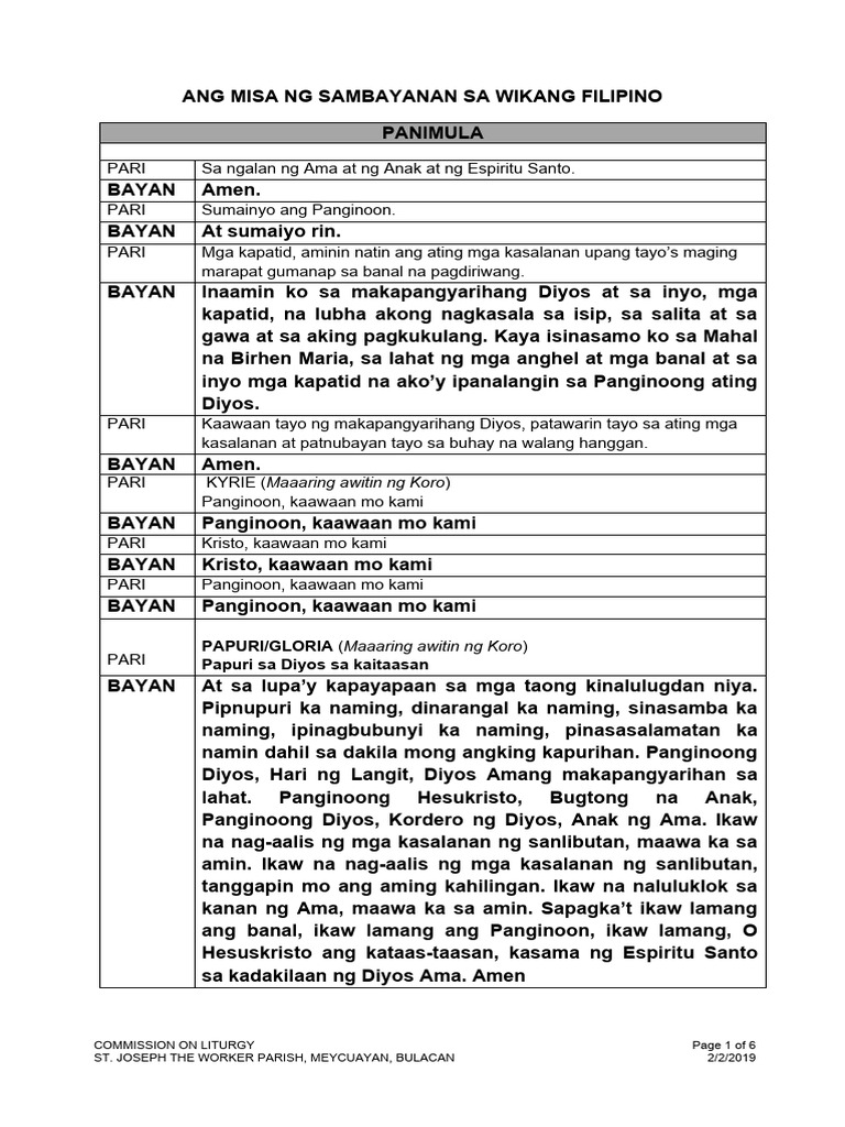 Ang Misa NG Sambayanan Sa Wikang Filipino | PDF