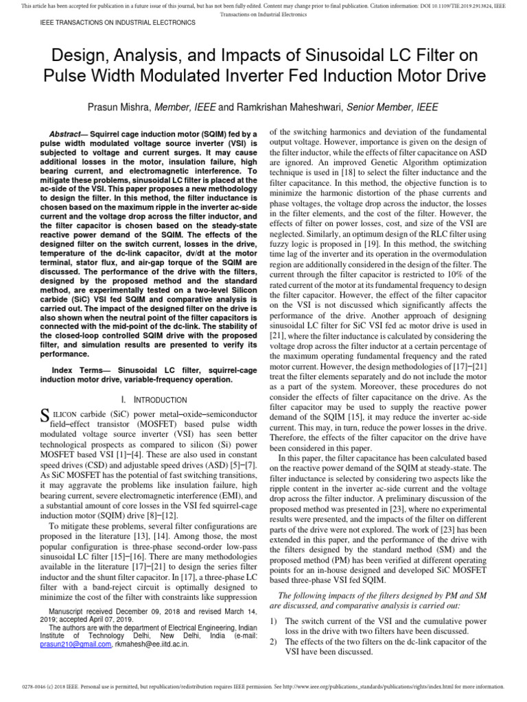 2020 Design, Analysis, and Impacts of Sinusoidal LC Filter On | PDF ...