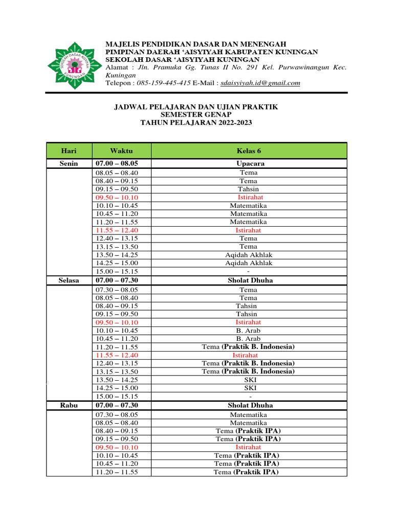Jadwal Pelajaran Dan Ujian Praktik Kelas 6 2022-2023 (Genap) | PDF