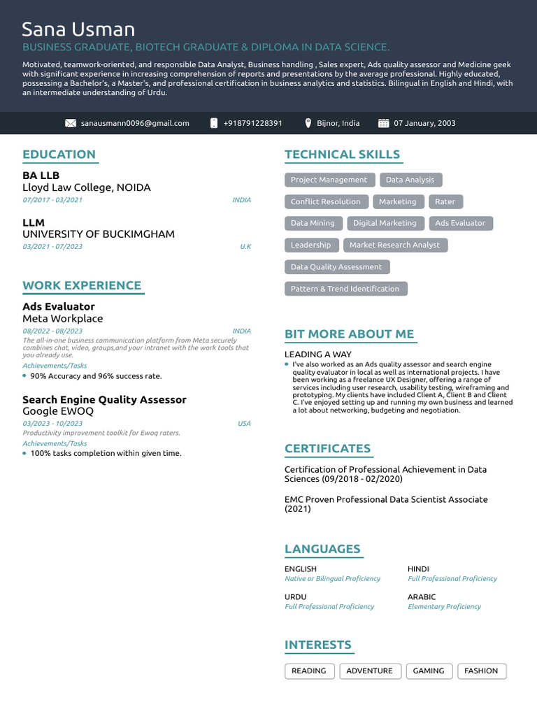 Sana's Resume | PDF | Data Science | Usability