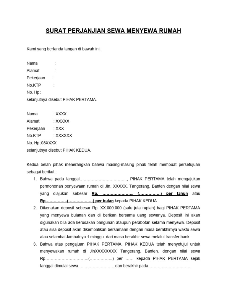 SURAT PERJANJIAN SEWA MENYEWA RUMAH Dengan Deposit | PDF