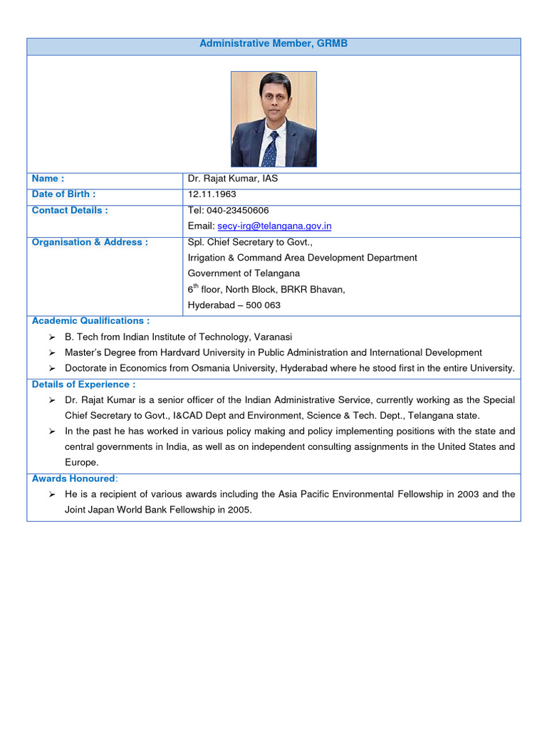 Rajat Kumar, IAS, SPL Chief Secretary, I & CAD Dept., GoTS | PDF ...