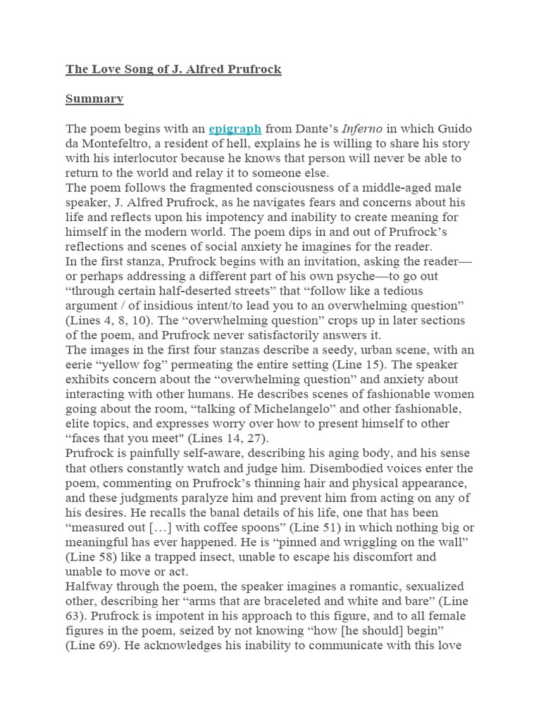 Love Song of J. Alfred Prufrock - Summary | PDF | General Fiction