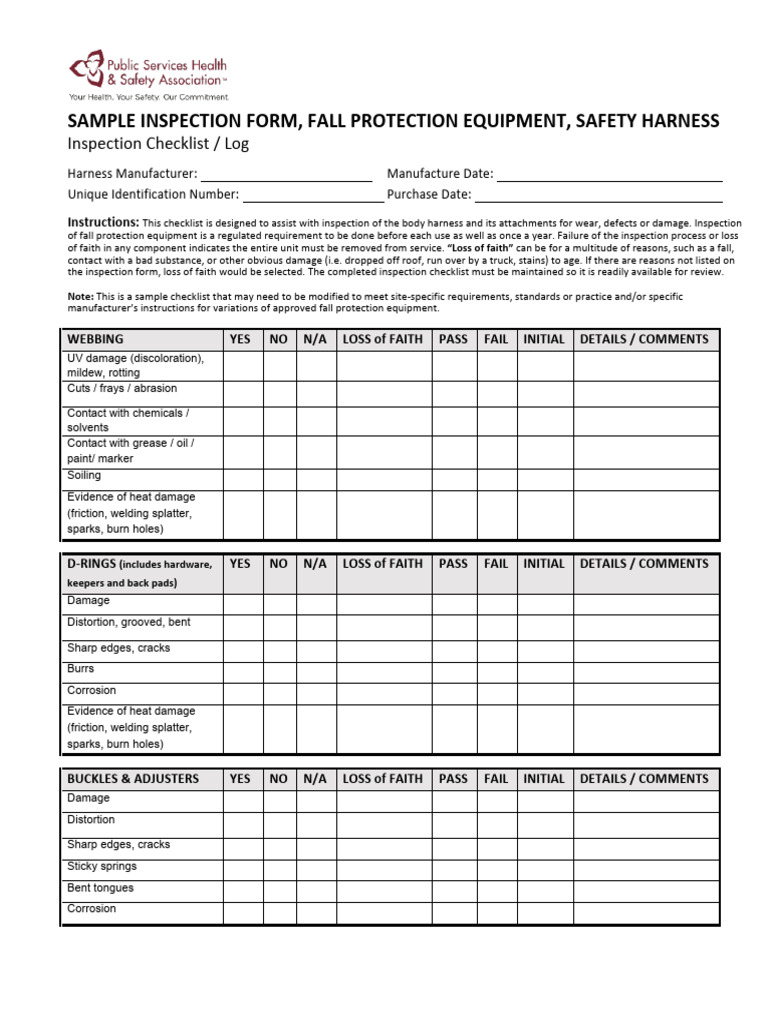 PSHSA Sample FallEquipmentInspectionForm | PDF | Wear | Materials