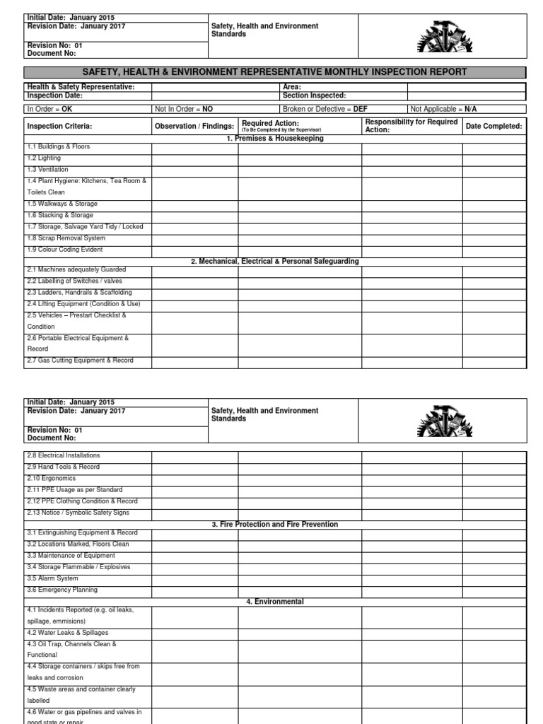 NE SHE Monthly Inspection Checklist | PDF