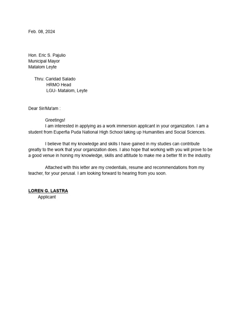 Student Work Immersion Application | PDF | Career & Growth