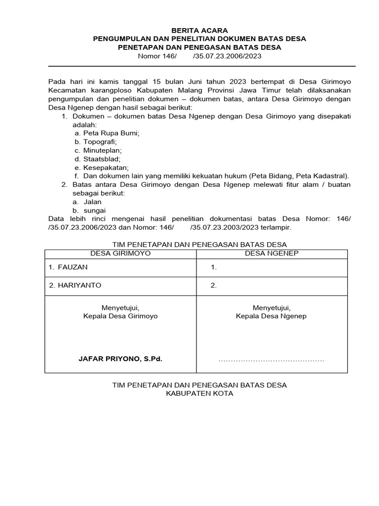 Berita Acara Kesepakatan Batas Desa NGENEP-GIRIMOYO | PDF