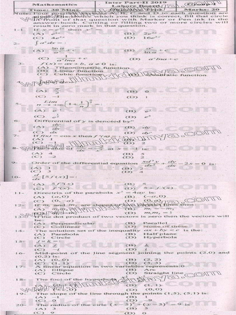 Past Papers 2019 Lahore Board Inter Part 2 Mathematics Group I Objective English Medium | PDF