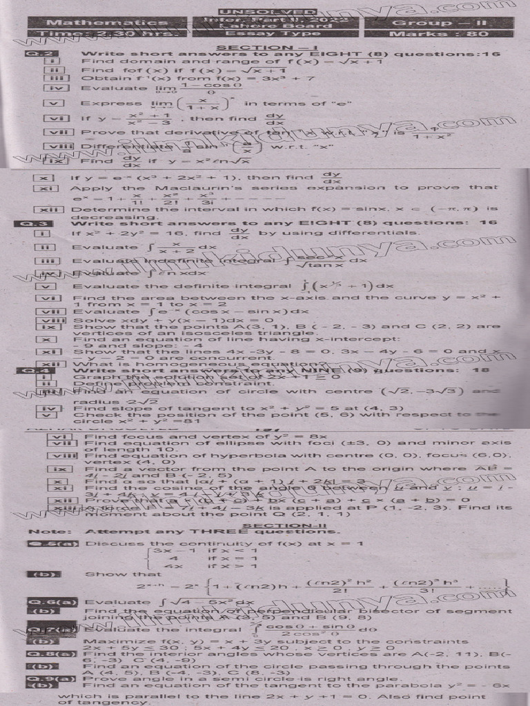 Past Paper 2022 Lahore Board Inter Part II Mathematics Group II ...